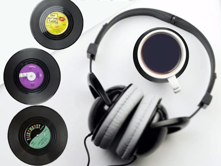 MECOWON Vinyl Record Coasters with Record Player Holder - 6Packs, Cool Coasters for Music Lovers