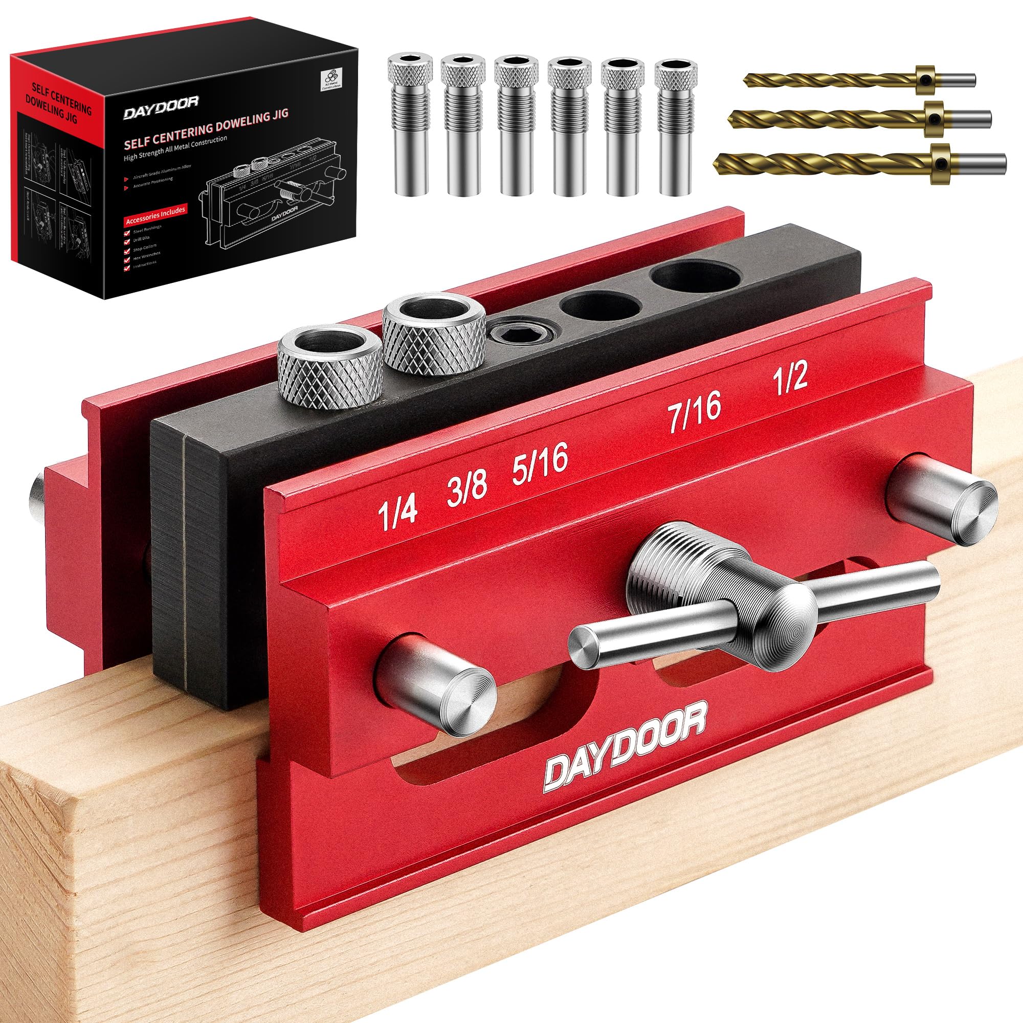 DAYDOOR Self Centering Doweling Jig, Adjustable Width Dowel Jig for Straight Holes, Biscuit Joiner Set with 6 Bushings and 3 Drill Bits(Red)