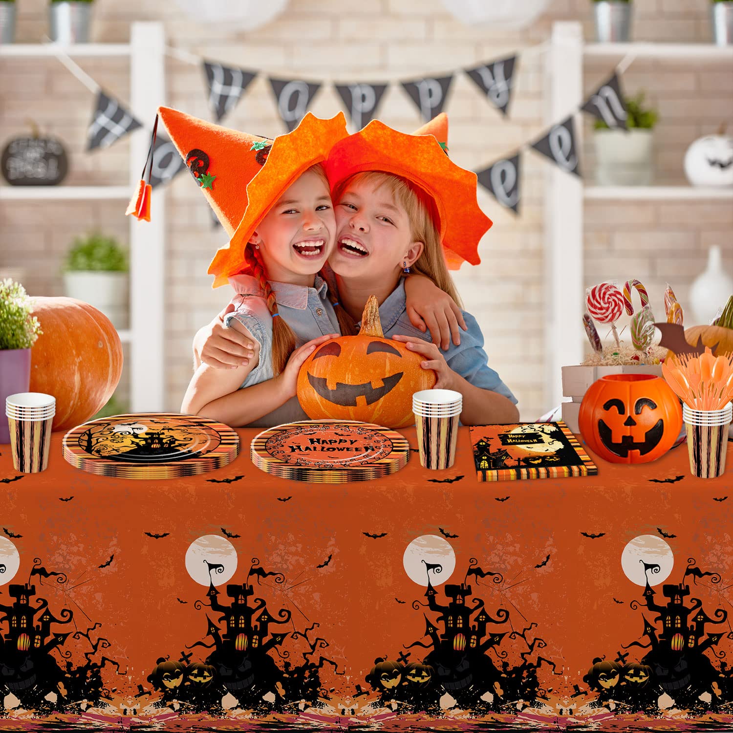 HIPVVILD Halloween Decorations Tableware - Halloween Party Supplies Include Halloween Plates, Napkins, Cups, Tablecloth, Disposable Cutlery, Straws, Halloween Party Decorations Dinnerware | Serves 24