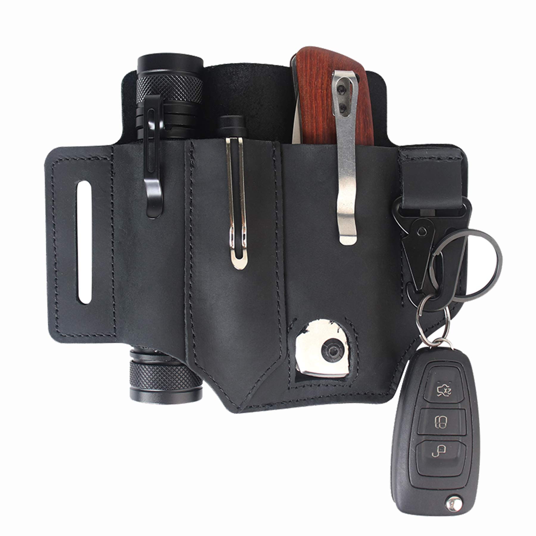 Pocket Organizer Pouch EDC Leather Sheath for Belt for 5 inch Knives Tactical Flashlights Key Fob Tools (Black)
