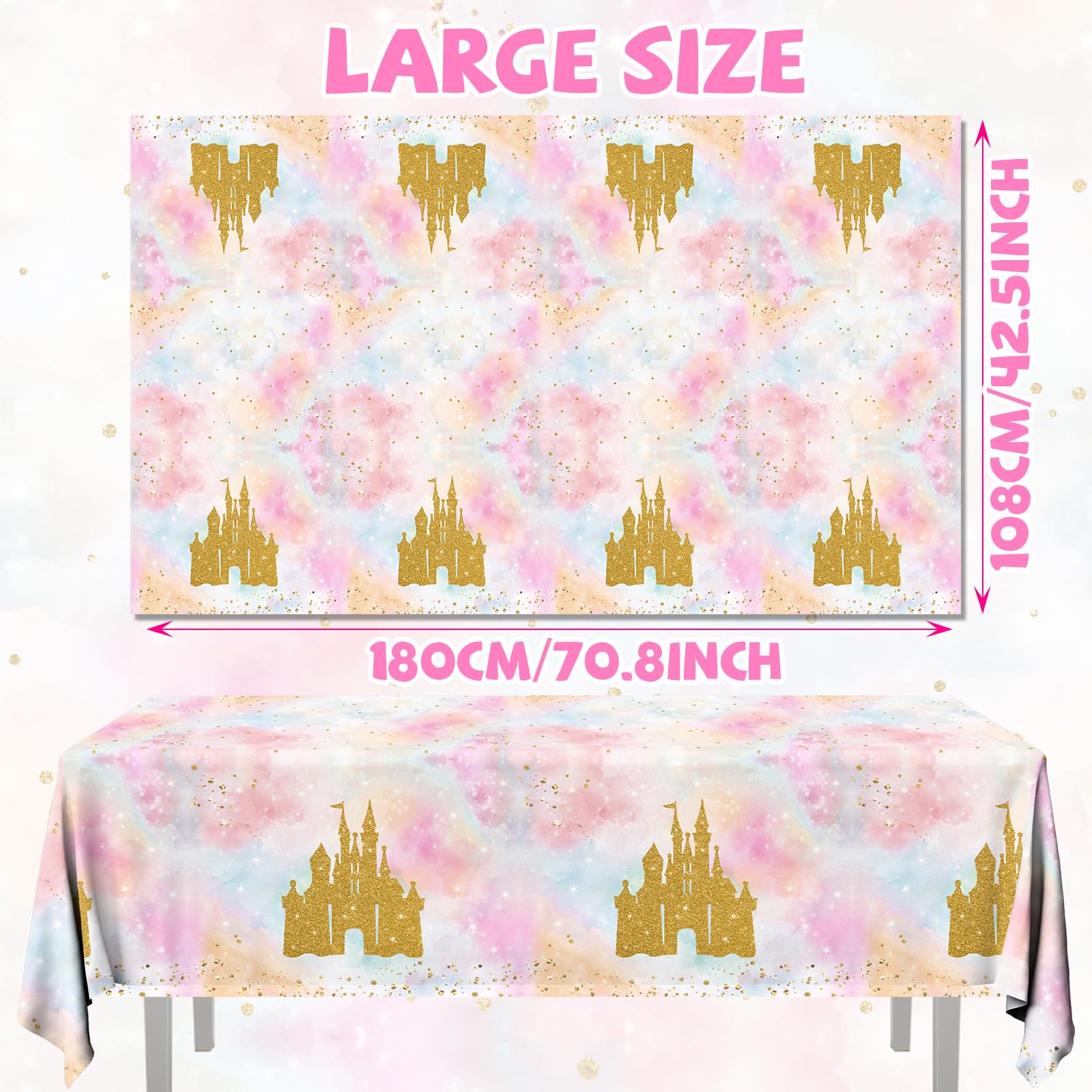 Juweked 3Pcs Princess Castle Tablecloth Rectangle Princess Table Cloth Pink Tablecloth Plastic Princess Table Decorations Pastel Table Cover Gold and Pink Princess Party Decor, 70.8" x 42.5"
