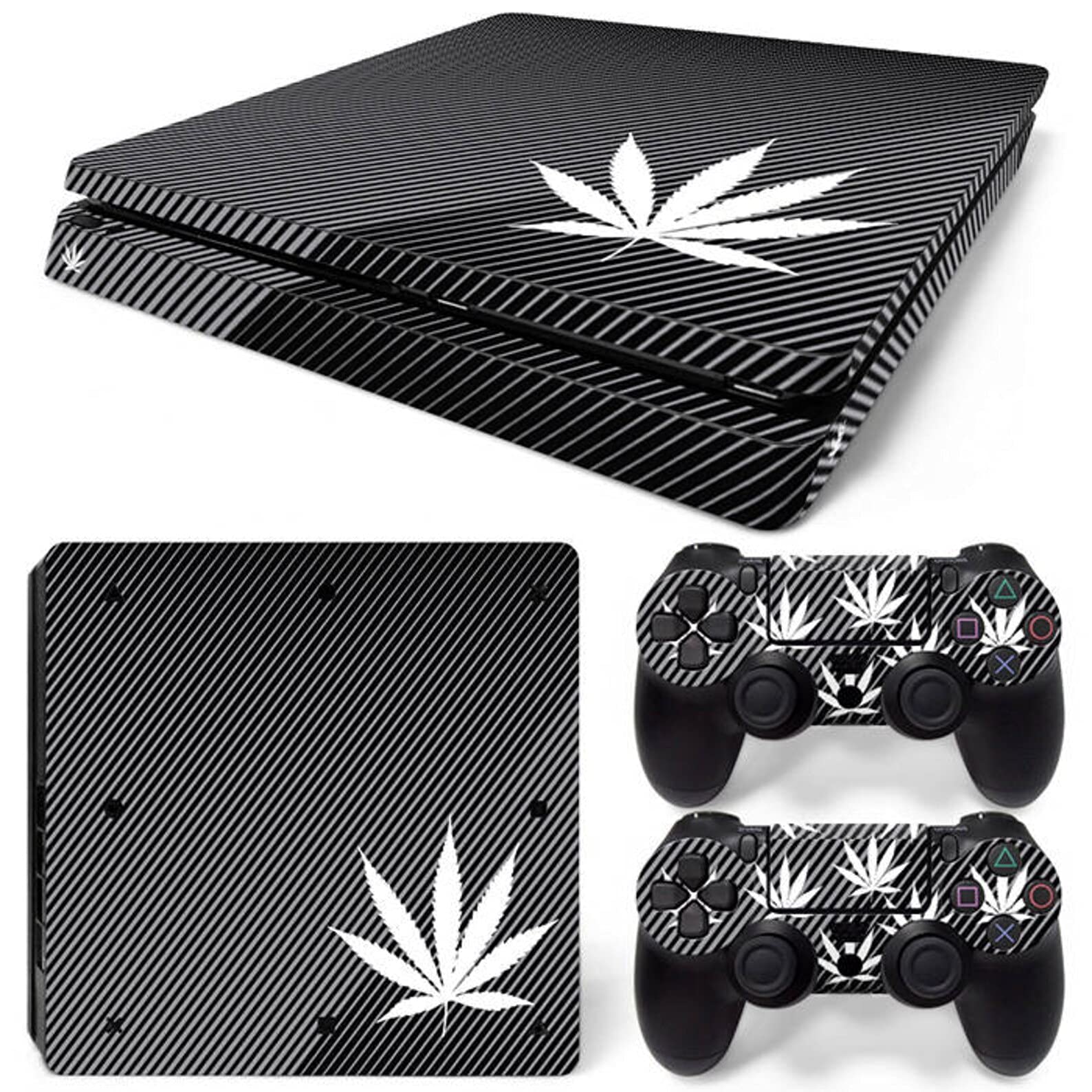 ZOOMHITSKINS Compatible with PS4 Slim Skin, Black Weed Pot Herb White Leaf Carbon, Durable & Fit, 3M Vinyl, Made in The USA