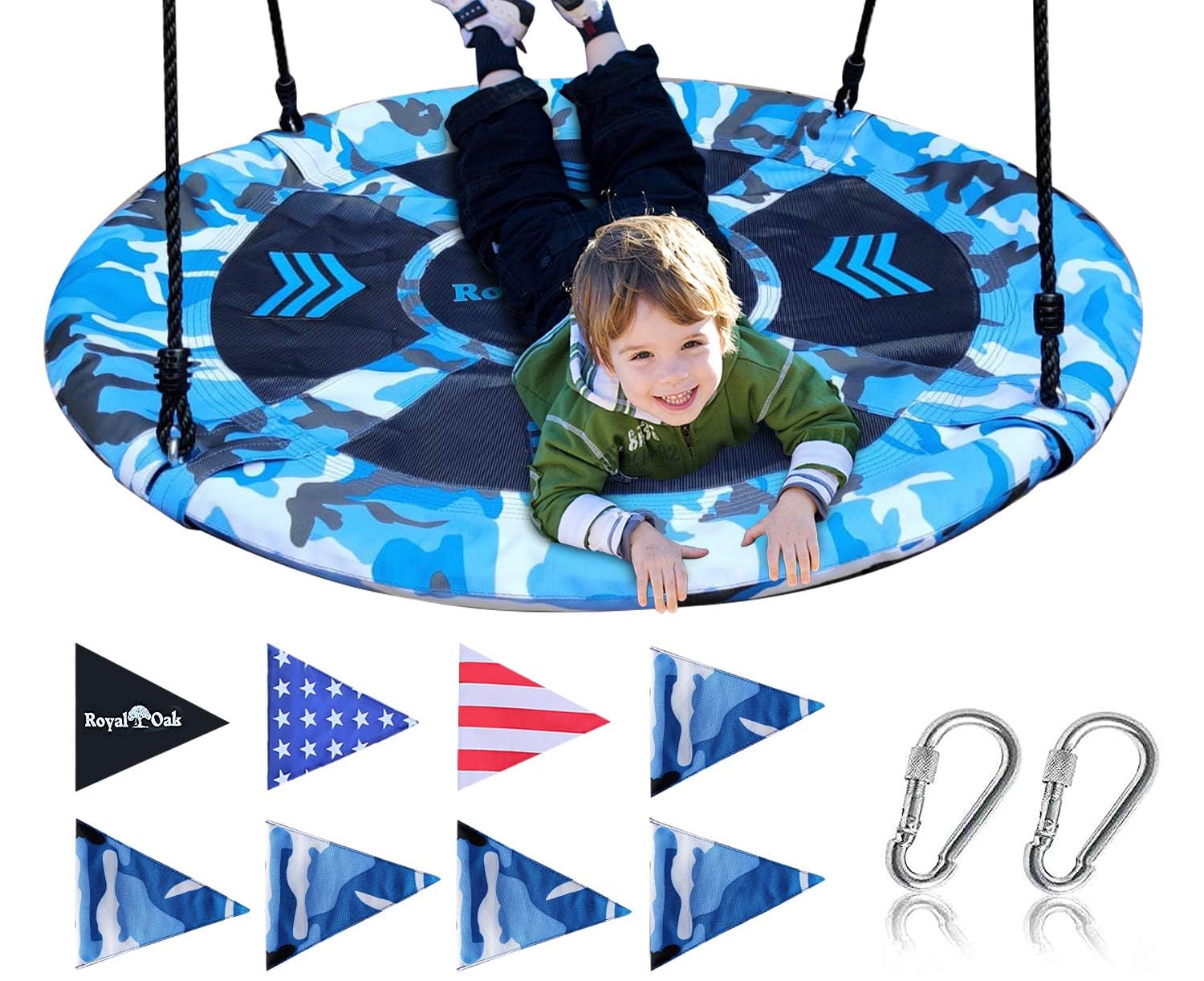 Royal Oak Saucer Tree Swing,Giant 40 Inches with Carabiners and Flags, Heavy duty 1680D Oxford Fabric,700 lb Weight Capacity, Steel Frame,Waterproof, Easy Install Step by Step Instructions (Camo Blue)