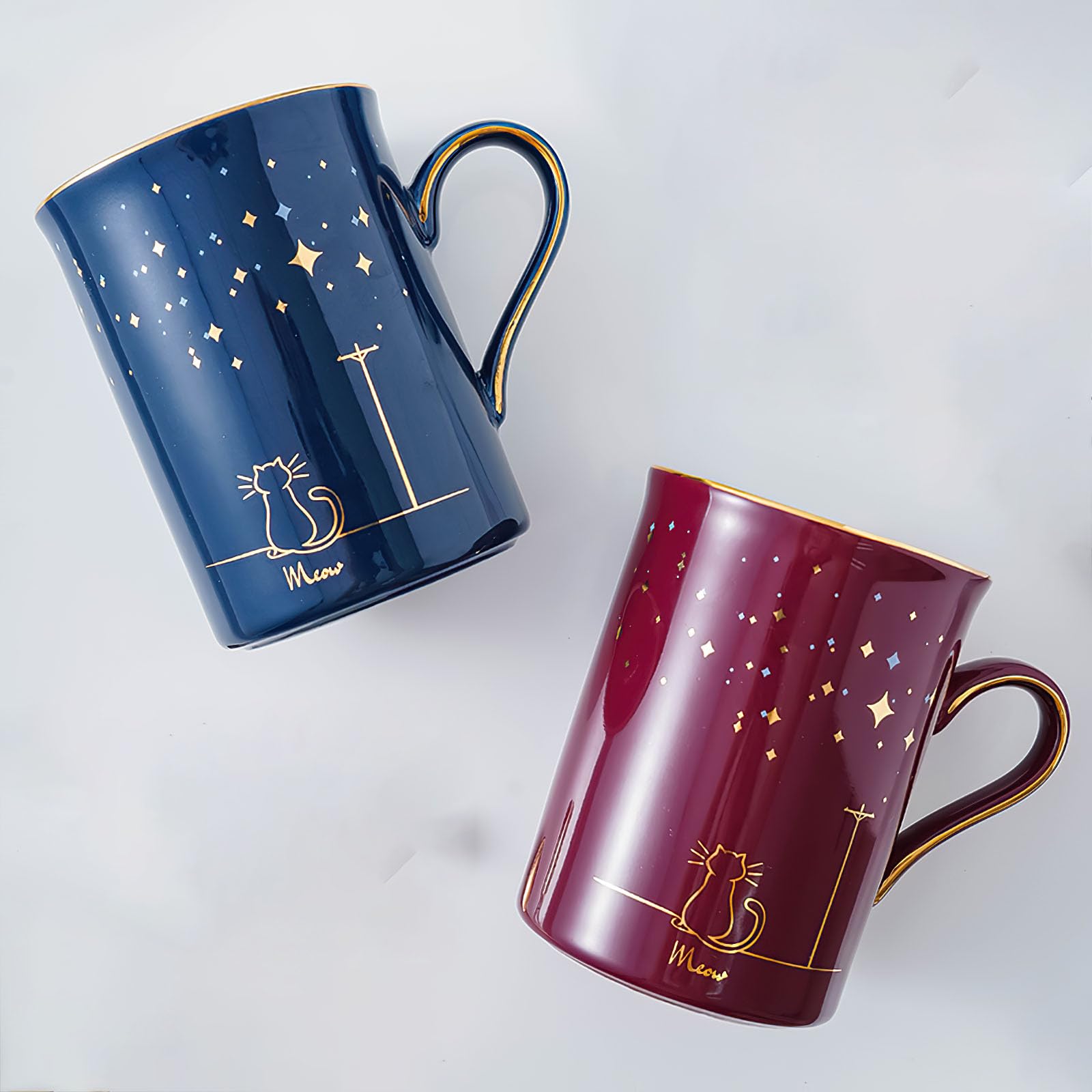 KUNVAMUL Starry Sky Cat Coffee Mug Gift Set 11 OZ,Ceramic Cups,Spoons,Lover coffee cups for Valentine's Day Wedding Anniversary,Cat Lovers(Blue)