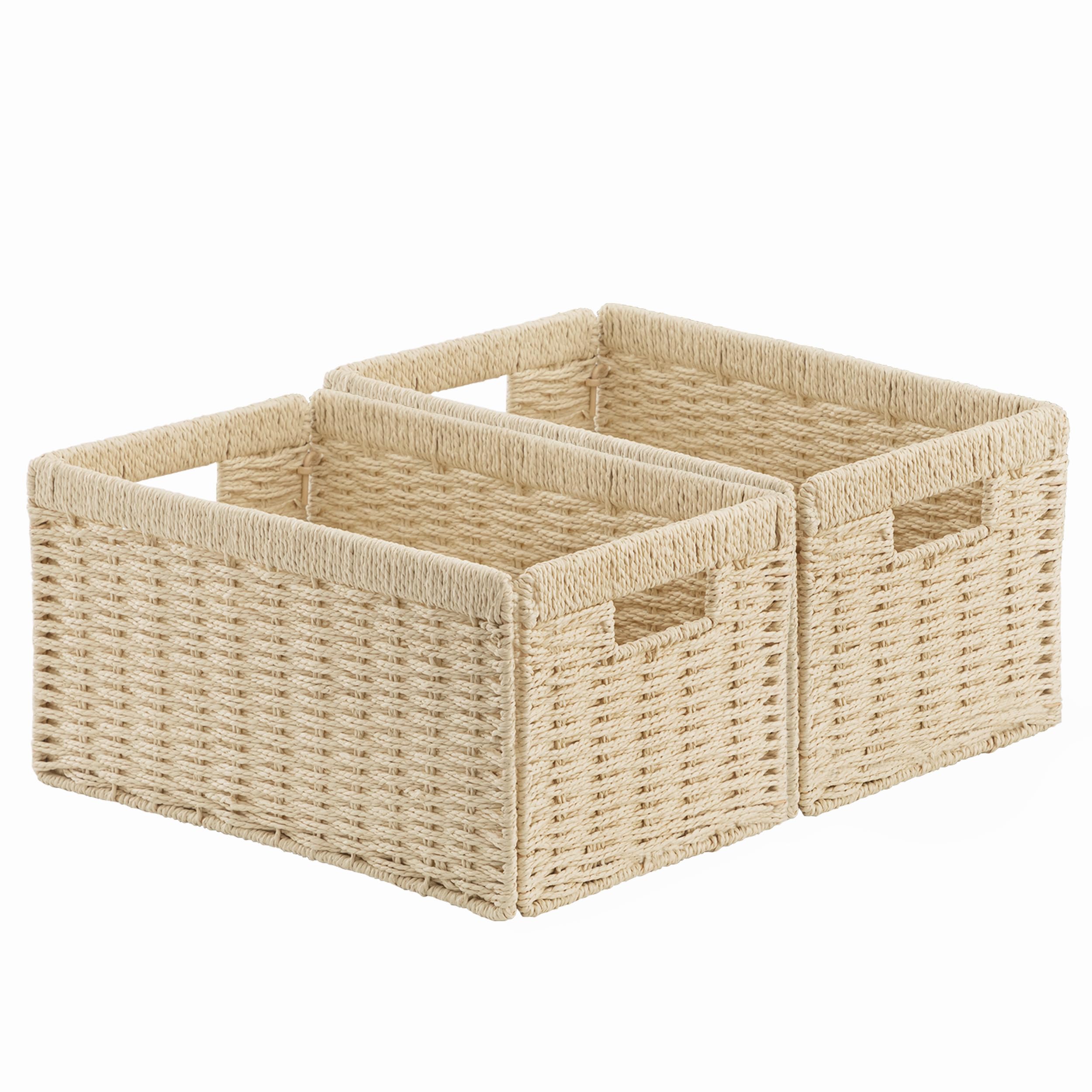 joybest Wicker Storage Baskets, Rectangular Storage Baskets with Built-in Handles, Paper Rope Baskets for Shelves Living Room Indoor Home Organizing