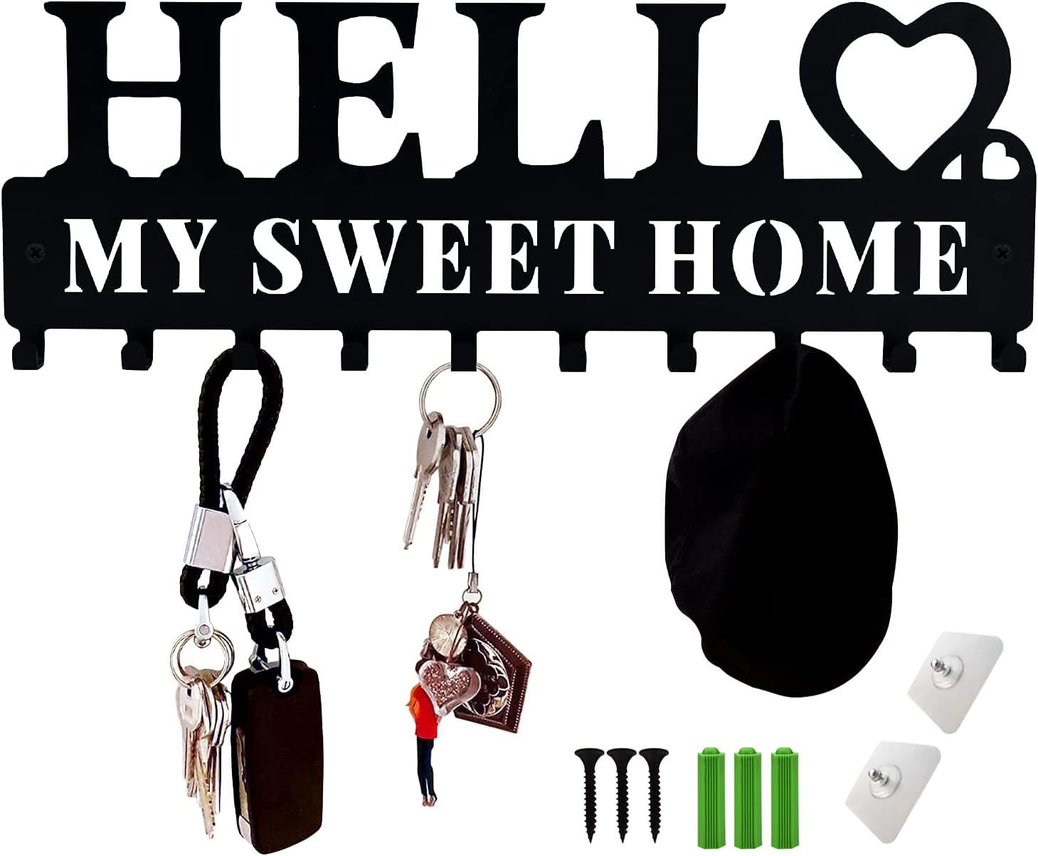 HISECOO Towel Holder for Bathroom, Key Holder Wall Mount,Key Holder for Wall,Wall Mount for Cabinet Sandblasted,with 10 Hooks, (Black)