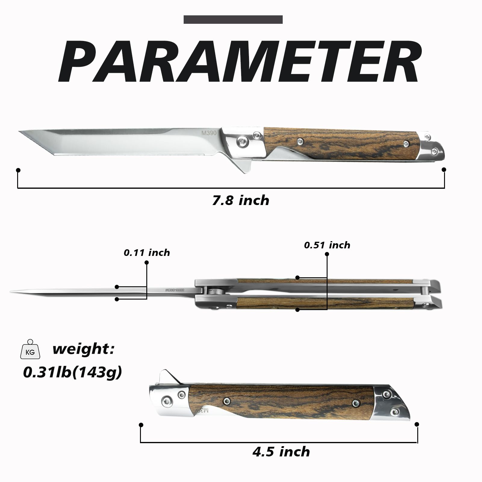 Ogival Pocket Knife for Men, 3.5 inch Folding Knife with Wooden Handle and Leather Sheath, Edc Tanto Knife for Men and Women