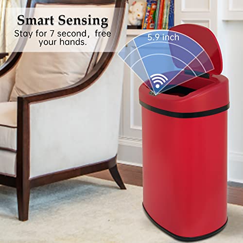 GINMAON Automatic Trash Can 13 Gallon Garbage Can with Lid Stainless Steel Large Capacity Touchless Kitchen Trash Can 50L Motion Sensor Smart Trash Bin for Kitchen, Bathroom, Office(Red)