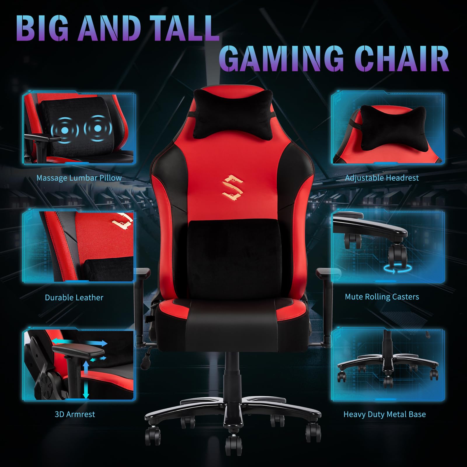 Fantasylab Big and Tall 400lb Massage Memory Foam Gaming Chair Adjustable Tilt, Back Angle and 3D Arms High-Back Leather Racing Executive Computer Desk Office Chair, Metal Base, Red