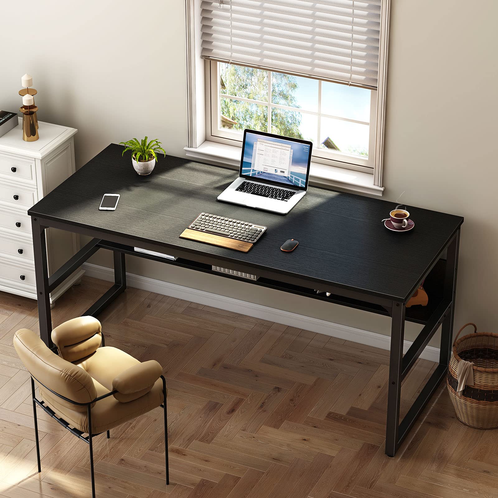 Coleshome Black Computer Desk with Hutch Bookshelf, 55" Office Desk with Storage Drawers, Super Sturdy Writing Desk for Home Office