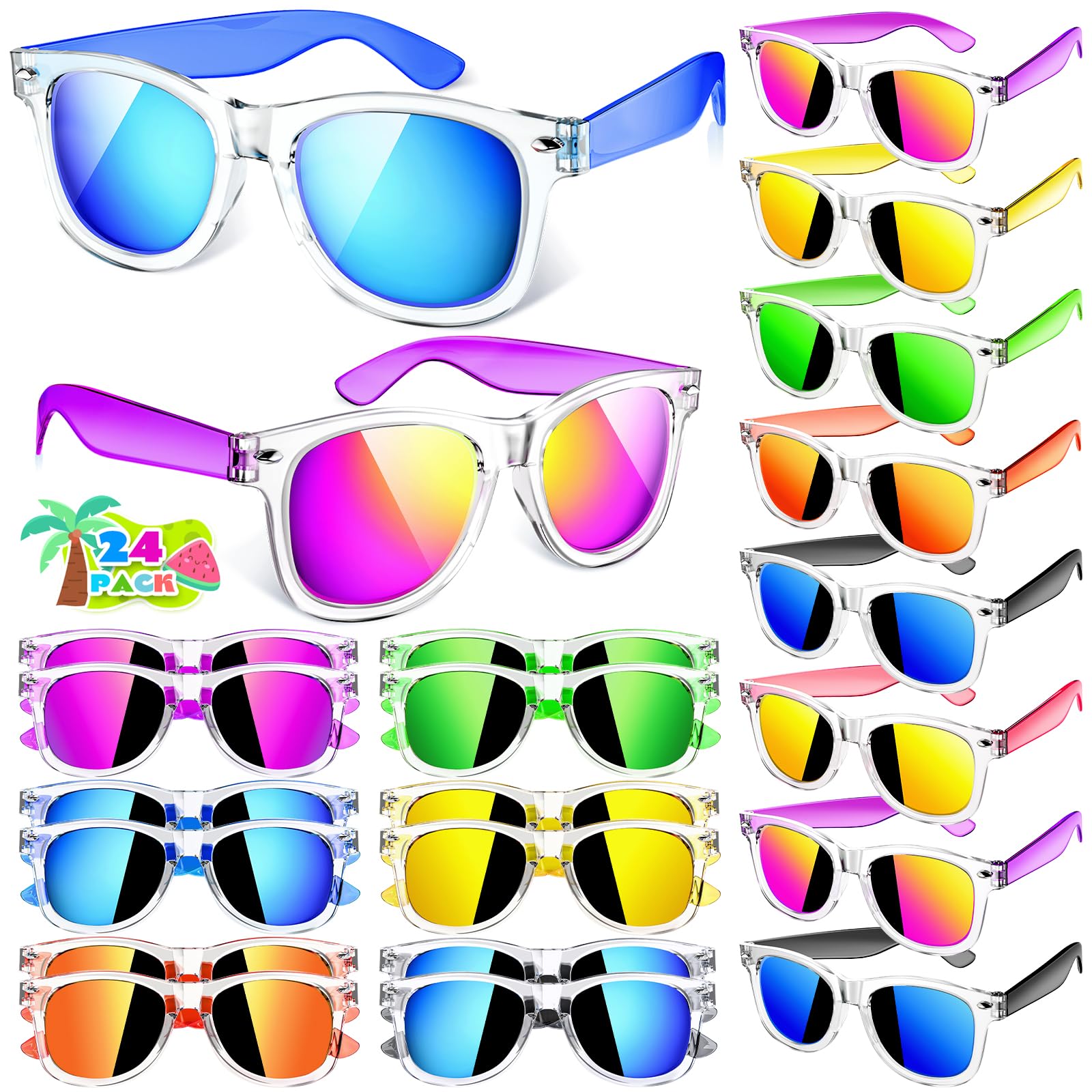 Joycover Kids Sunglasses Bulk, 24 Pack Kids Sunglasses Party Favor, Translucent Sunglasses for Kids with UV400 Protection, Graduation Party Supplies, Beach, Pool Party Favors, Party Favor for Kids 4-8