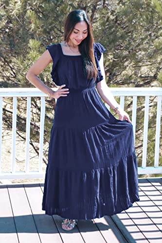 PRETTYGARDEN Women's Summer Bohemian Sleeveless Maxi Dress Square Neck Ruffle Flowy Long Sun Dress Wedding Guest Dress 2023 (Solid Navy, Large)
