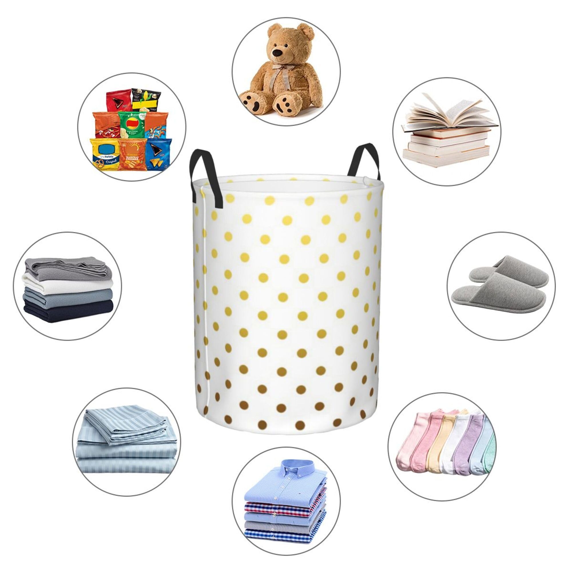 Large Laundry Basket, White Gold Polka Dot Laundry Hamper Bag 19.6" Collapsible Washing Bin With Handles for College Dorm, Family Essentials Storage