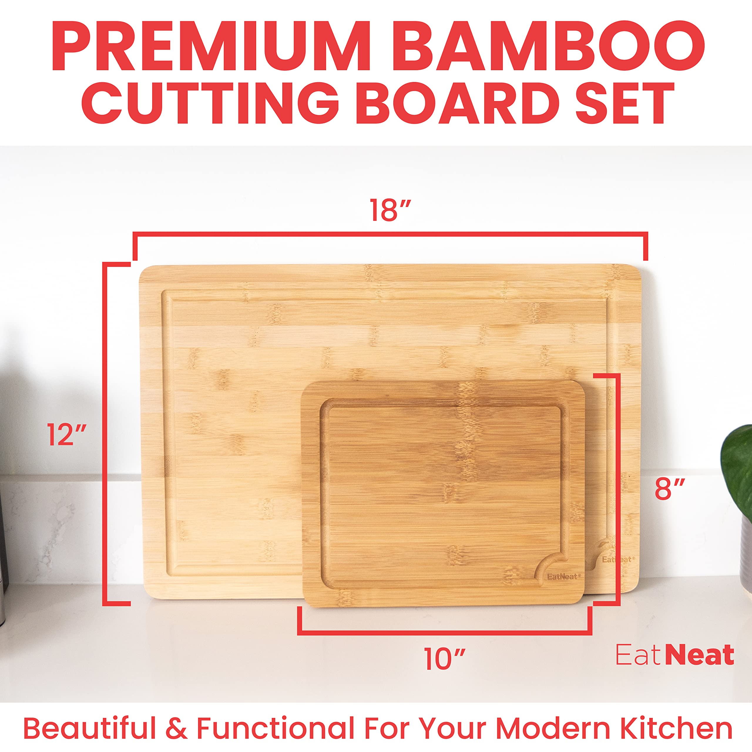 EatNeat 5-Pack of Glass Food Storage Containers with Airtight Snap Locking Lids to Keep Food Fresh Extra Large Bamboo Cutting Board Set