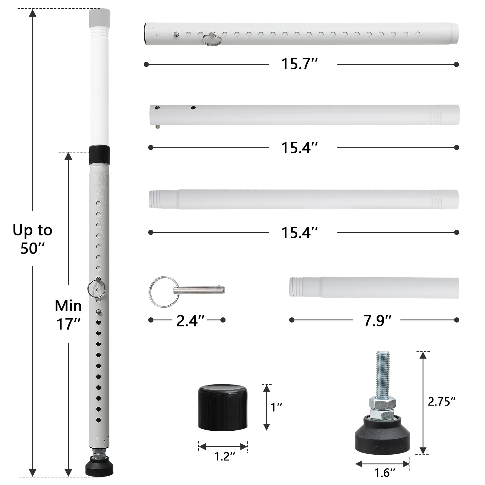 DIIG Sliding Door Security Bar,17.7-50.5inch Adjustable Locking Window Safety Bar with Rubber Tips,Diameter 1inch Window Security Bar for Home Apartment (White)