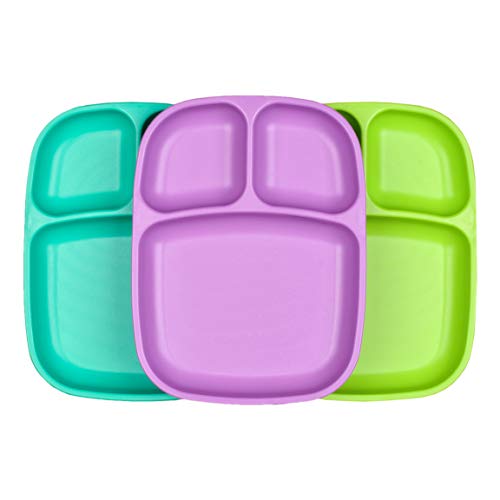 Re Play Set of 3 - Made in the USA Deep Divided Heavy Duty Dining Plates with 3 Compartments for All Ages - Aqua, Purple, Lime Green (Mermaid)