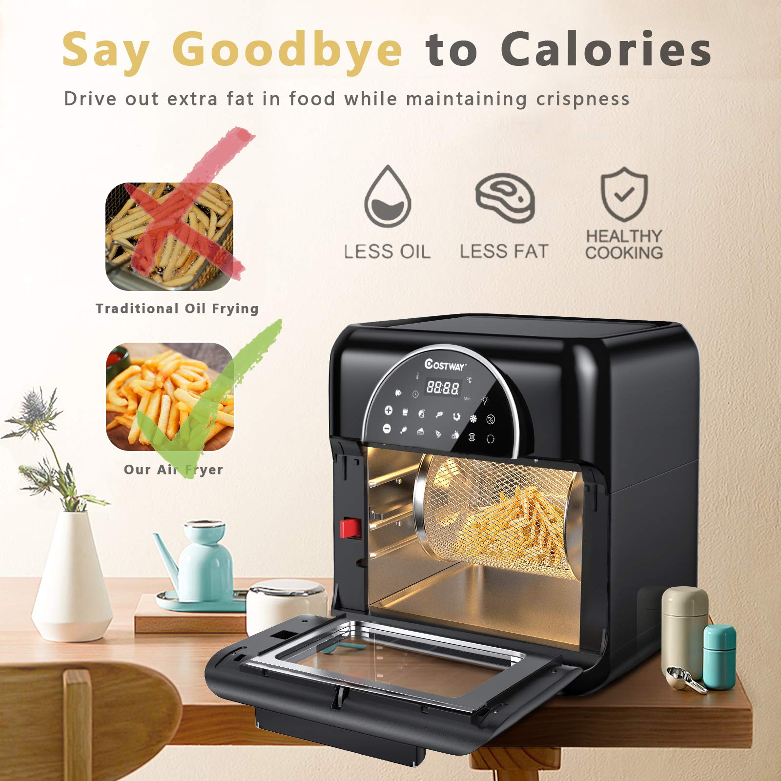 Costway 10.5QT Electric Air Fryer Oven with Digital Touch Screen, 1500W, Oil-Free, Black