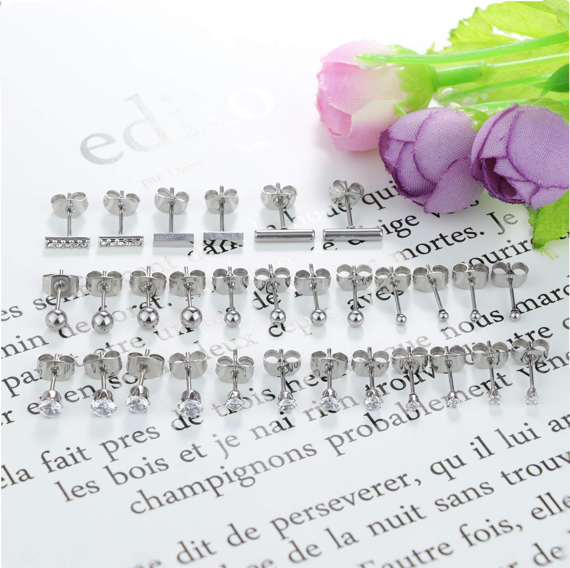 CASSIECA 15 Pairs Stainless Steel Tiny Bar Stud Earrings Small CZ Ball Cartilage Piercing Mini Stick Line Barbell Stud Earring Set for Women Men 2MM-4MM