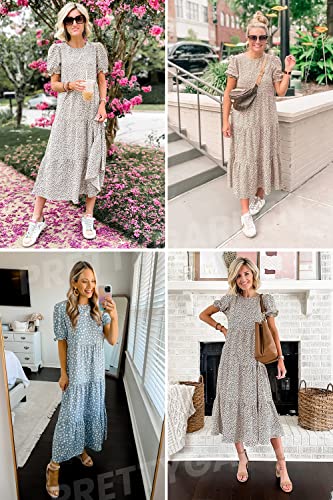 PRETTYGARDEN Women's Summer Casual Boho Dress Floral Print Ruffle Puff Sleeve High Waist Midi Beach Dresses (Blue Apricot,Medium)
