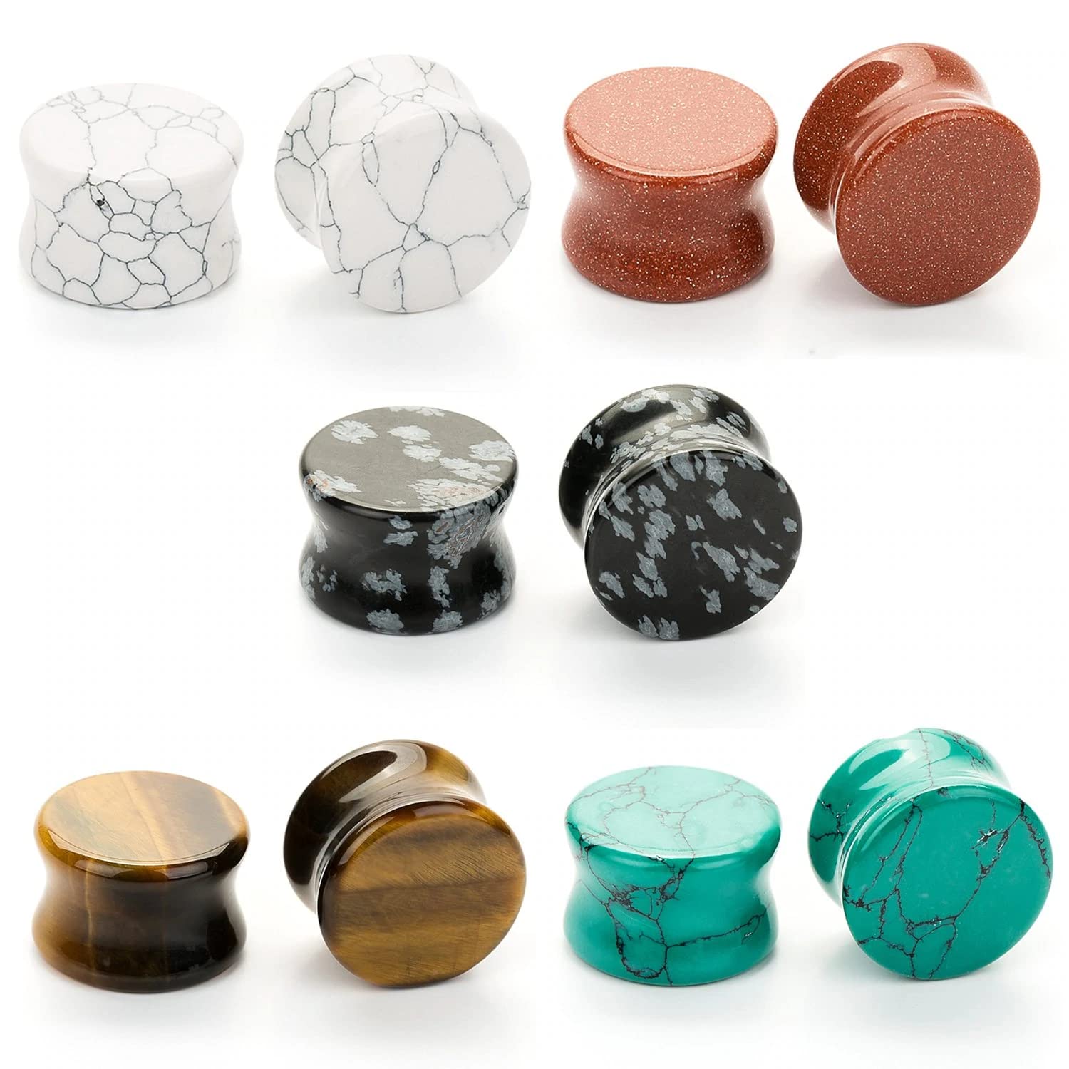 CABBE 10pcs Natural Stone Plugs Ear Gauges Kit Gauges 2g - 20mm Saddle Style Double Flared Expander Set Stretcher Body Piercing Jewelry, Gauge 1/2" = 12mm