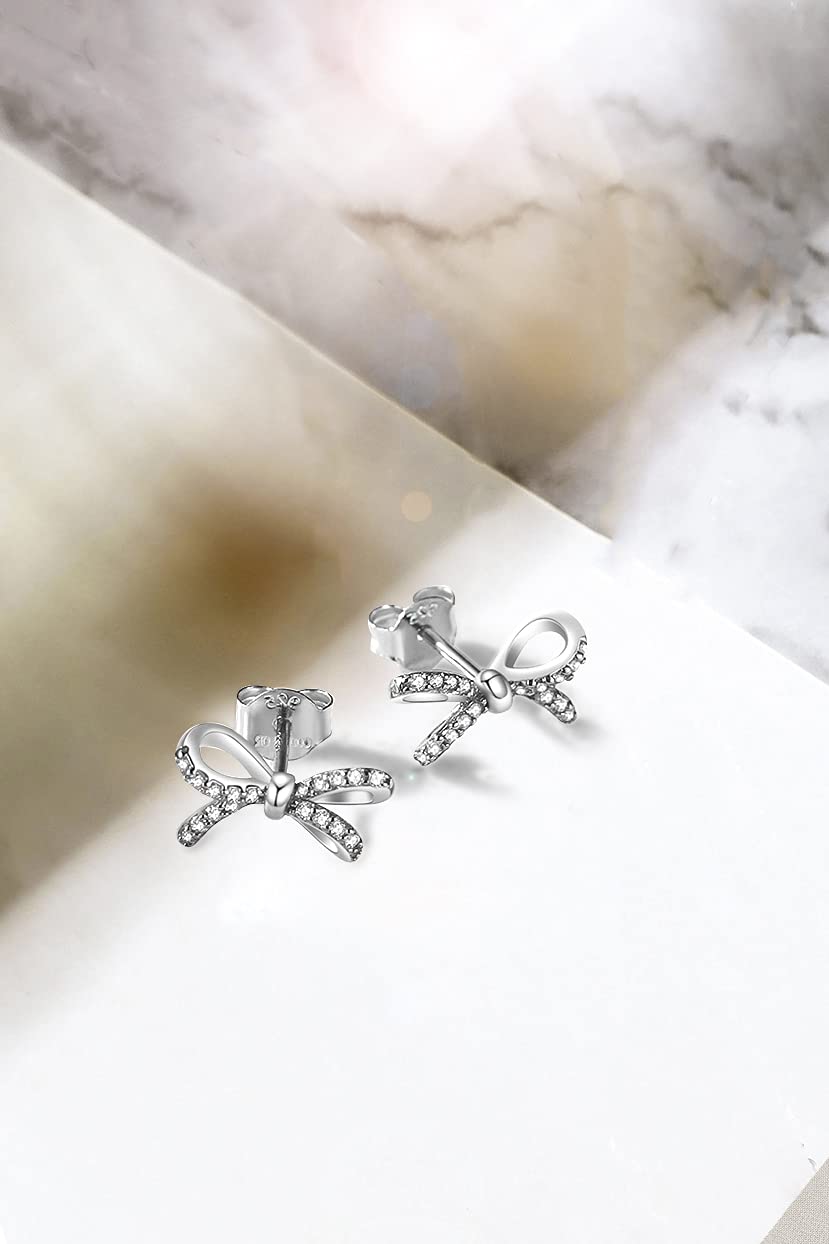 Coodilor 925 Sterling Silver Bow Stud Earrings With Cubic Zirconia, 14K White Gold Plated Earrings for Women, Perfect for Gift