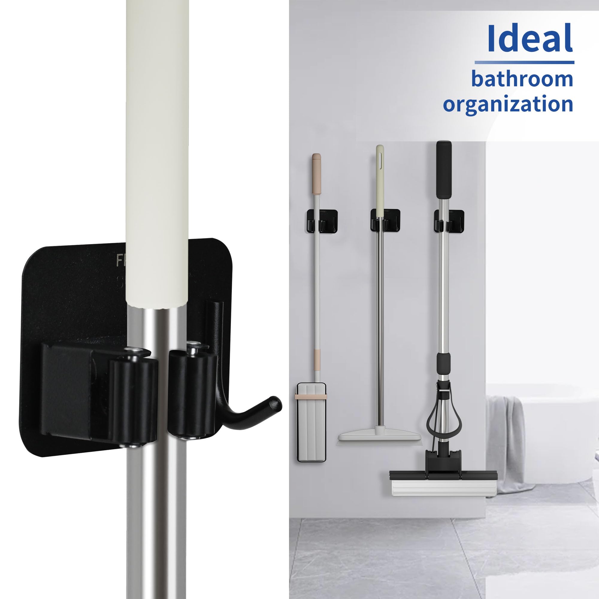 FPOSEI 4PCS Broom and Mop Holder,Stainless Steel Waterproofing Broom and Mop Holder Wall Mountain, Adhesive Mop Holder with Hooks, Cleaning Supplies Organizer Home Laundry Organization