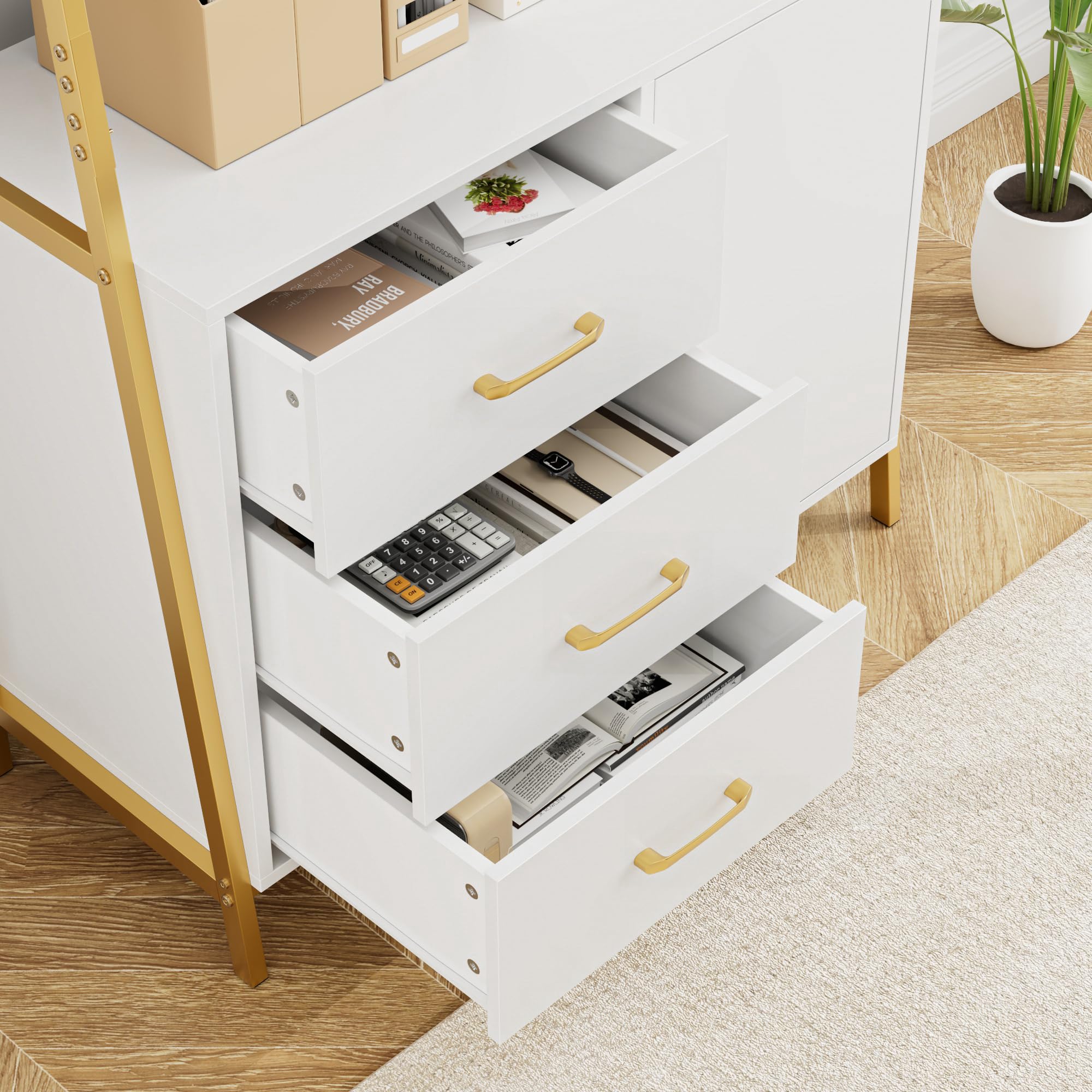 HITHOS 69" Tall Bookshelf, White Gold 4-Tier Bookcase with Wooden Drawers and Ladder Shelves, Free Standing Storage Cabinet Kitchen Bakers Rack with Microwave Oven Stand for Home Office