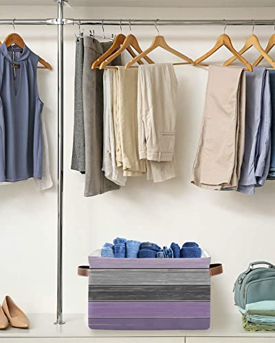 Large Capacity Storage Bins 2Pcs Stripe Wood Grain Purple and Grey Storage Cubes, Collapsible Storage Baskets for Organizing for Bedroom Living Room Shelves Home 15x11x9.5 In