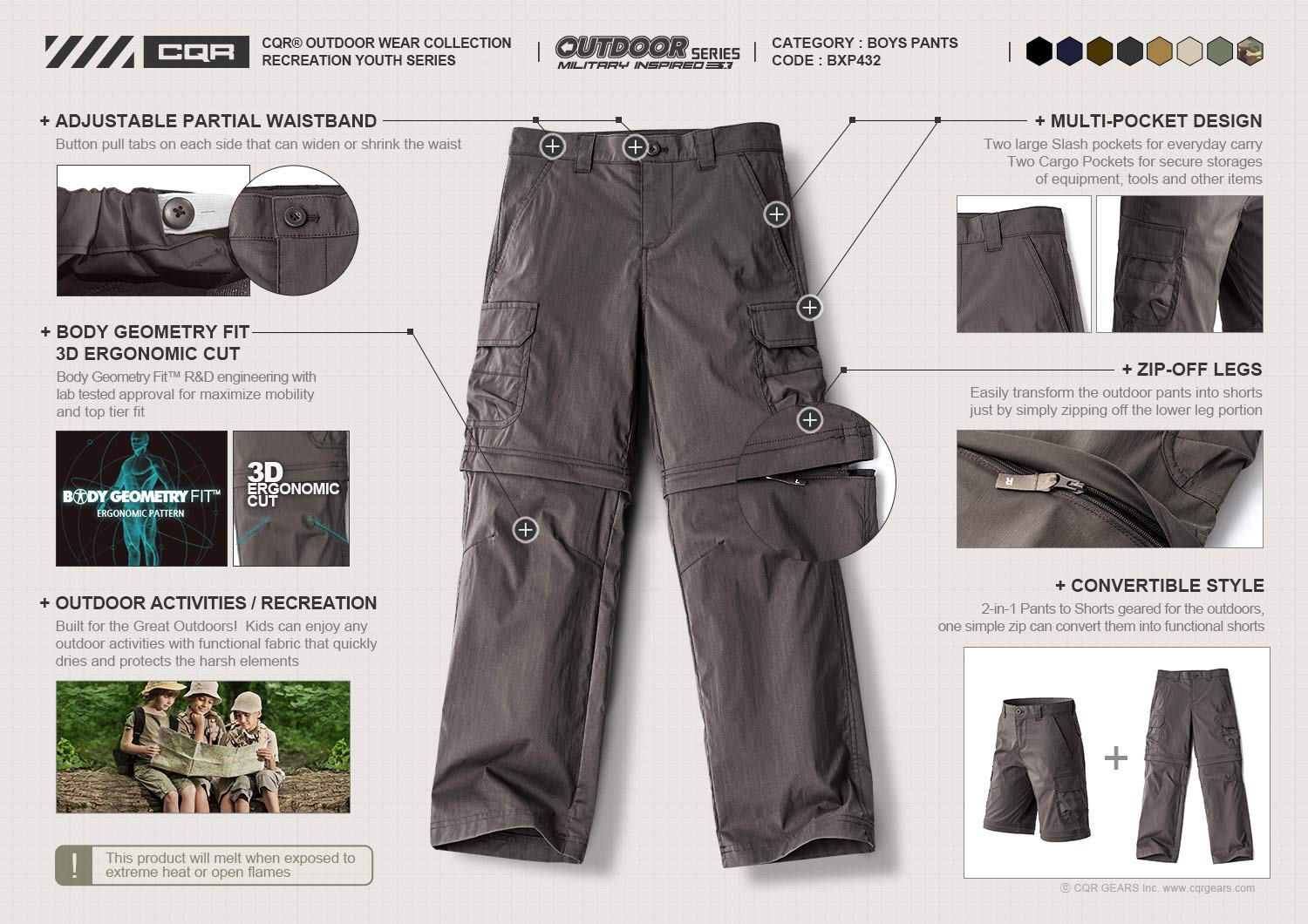 CQR Kids Youth Hiking Cargo Pants, UPF 50+ Quick Dry Convertible Zip Off Pants, Outdoor Camping Pants, Boy Convertible Olive, X-Small