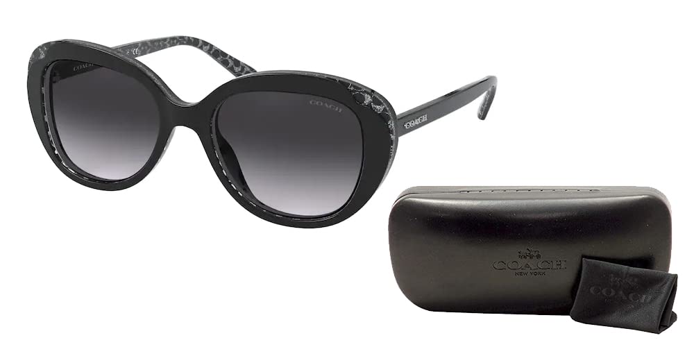 Coach HC8289 55828G 53MM Black Glitter Signature/Grey Gradient Round Sunglasses for Women + BUNDLE With Designer iWear Eyewear Kit