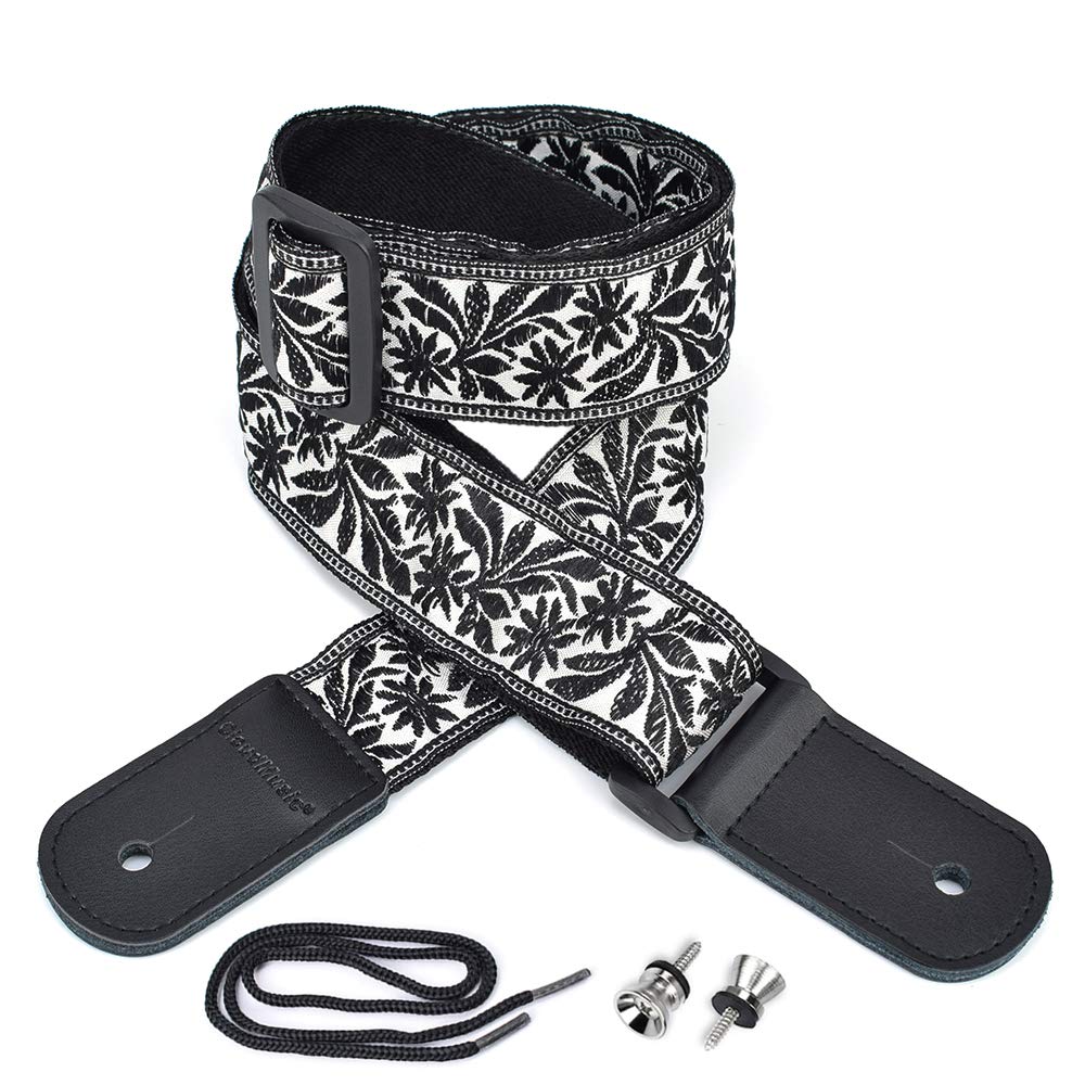 CLOUDMUSIC Tenor Concert Soprano Baritone Ukulele Strap Coloful Hawaii Floral Jacquard For Adult Size And Kids(Black Leaves)