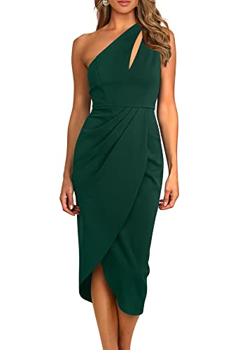 PRETTYGARDEN Women's One Shoulder Ruched Bodycon Dress 2023 Summer Cutout Slit Wrap Party Cocktail Midi Dresses (Green,Large)