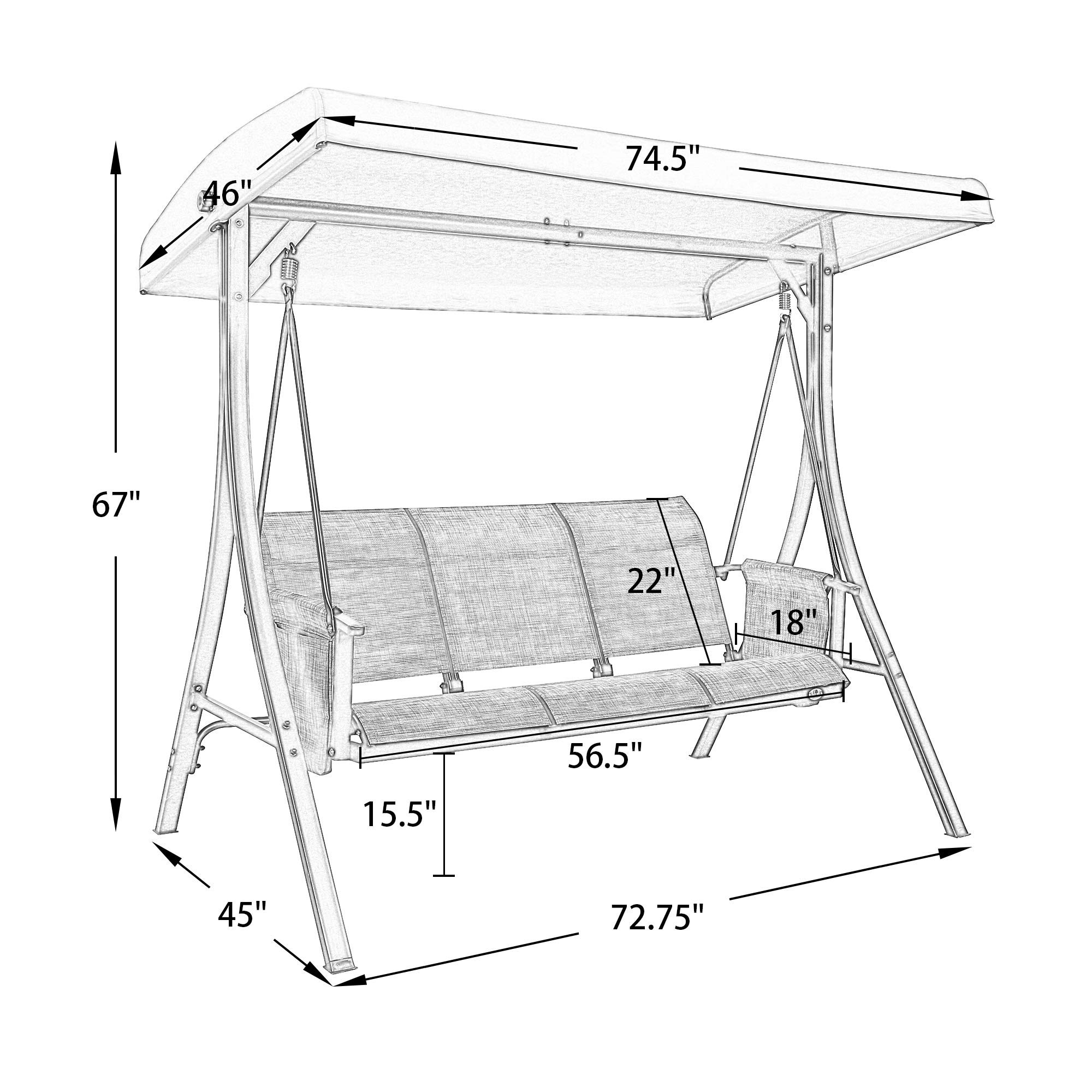 Patio 3-Seat Textilene Porch Swing, Outdoor Swing Glider with Stand and Adjustable Polyester Canopy (Beige)