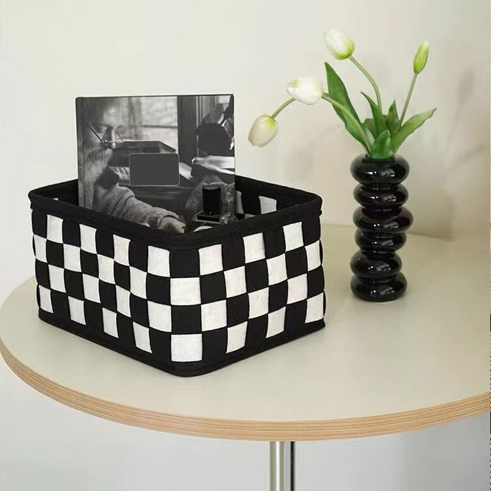curfair Storage Basket Black and White Checkerboard Desk Makeup Organizer Large Opening Black White L