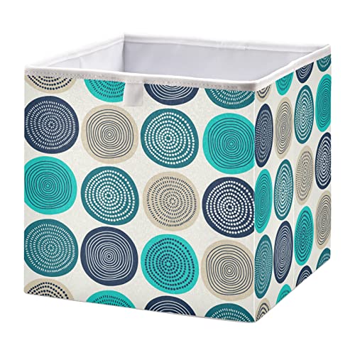 Oyihfvs Seamless Circles Turquoise Blue Brown on White Vintage Style Square Foldable Cube Storage Basket Collapsible Fabric with Handles Bag Organizer Clothes for Home Bedroom 11 x 11 x 11 in