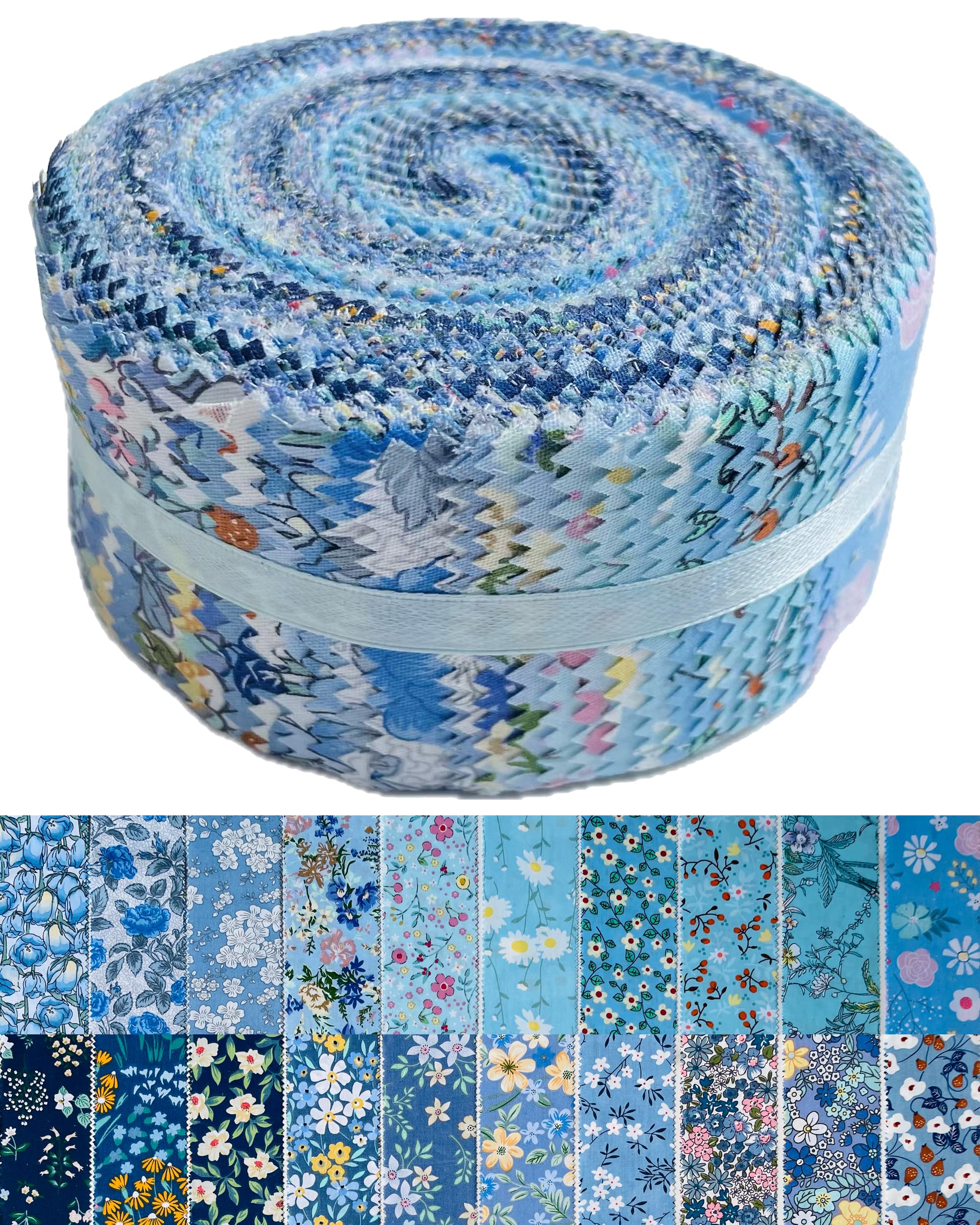 Jelly Roll Fabric - 20 Assorted Floral Prints, 100% Cotton, 40 Pre-Cut Strips (2.5 x 44 Inch) Fabric for Quilting and Sewing, Green Grass