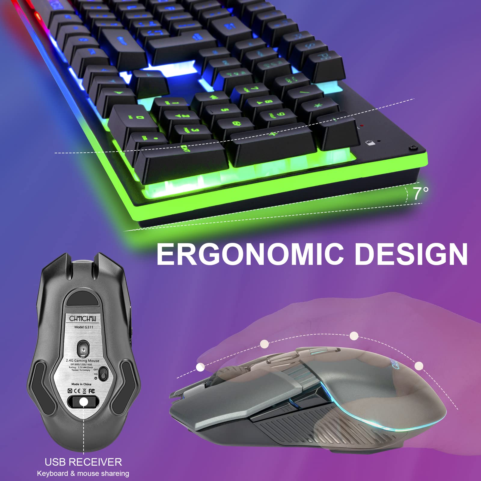 Gaming Wireless Keyboard and Mouse Combo Metal Surface Rechanrgeable Big Battery 2800mah Mechanical Feel LED Backlit Compatible with Xbox one PS5 Laptop Computer Gamer(2.4g)