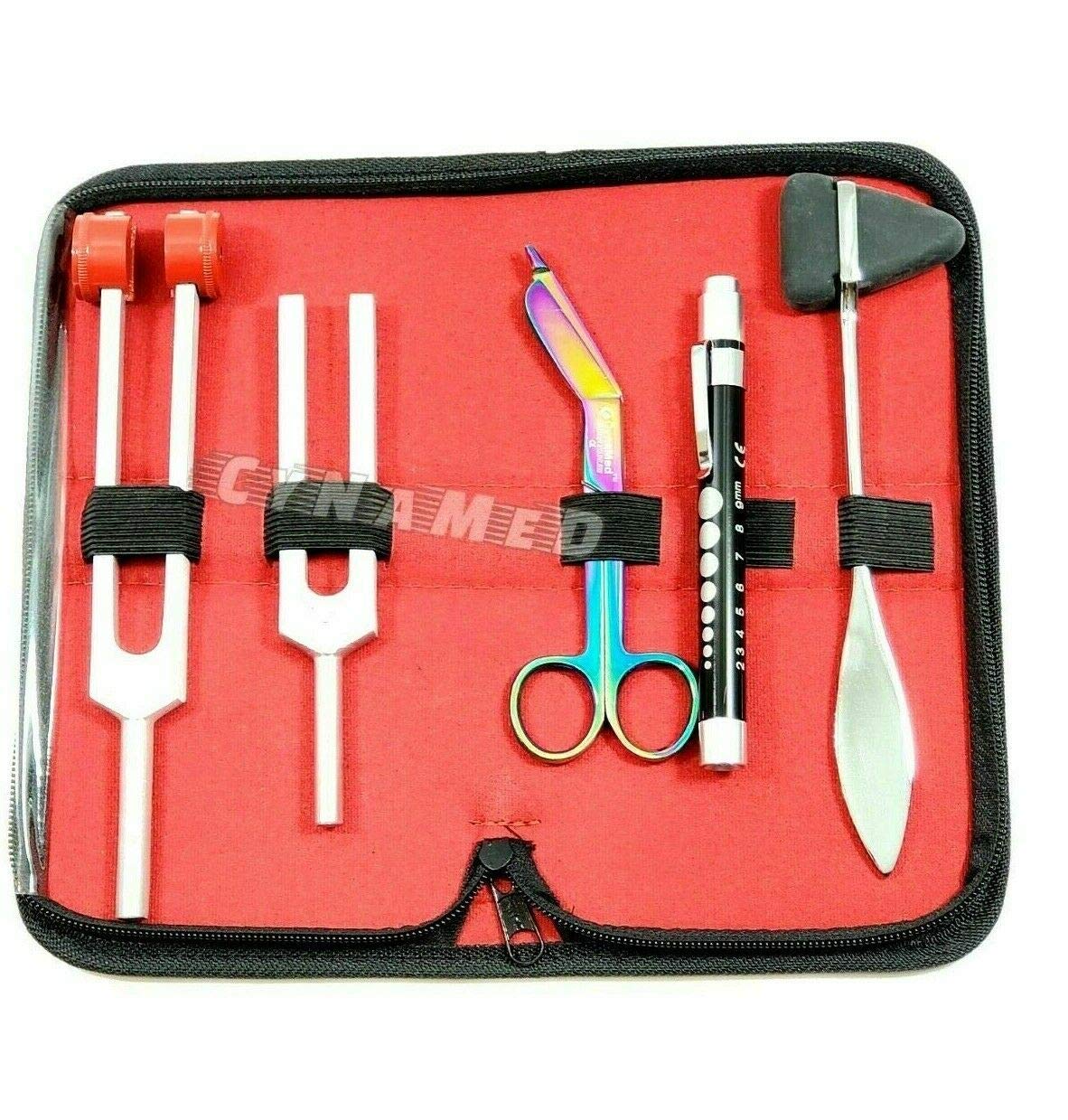 Premium Student Diagnostic Kit- Reflex Hammer & Tuning Fork Set C 128 And C 512 + Wartenberg Pinwheel Premium Steel Bandage Scissor 7.5” (Set Of 5 Rainbow Scissors Reusable Penlight)