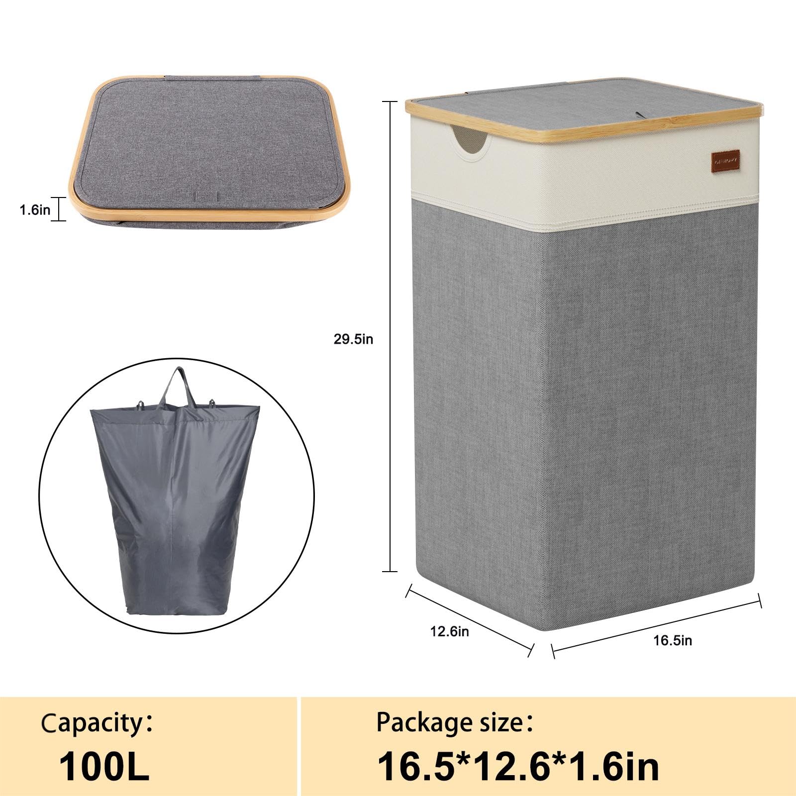 OIAHOMY Laundry Hamper With Lid, 100L Collapsible Laundry Basket With 2 Removable Inner Bags, Clothes Hamper With Bamboo Handles, Large Foldable Laundry Hamper, Dirty Clothes Hamper for Bedroom (Grey)