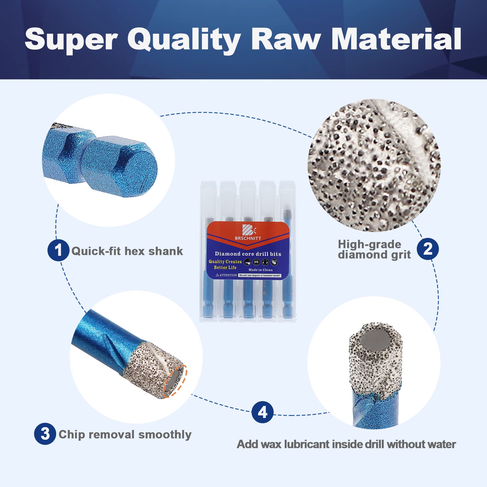 Diamond Drill Bit - BRSCHNITT 1/4 inch Masonry Drill Bits Set for Porcelain Tile Ceramic Stone Granite Marble,Hex Shank Diamond Hole Saw Drill Bit(5pcs/Pack).