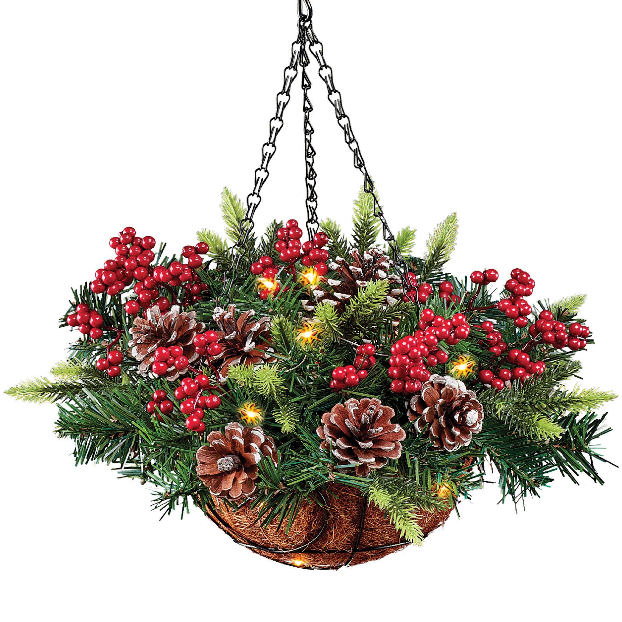 Collections Etc Lighted Faux Pine Arrangement Hanging Basket with 6-hr Timer - Berries and Pinecone Accents - Holiday Decoration