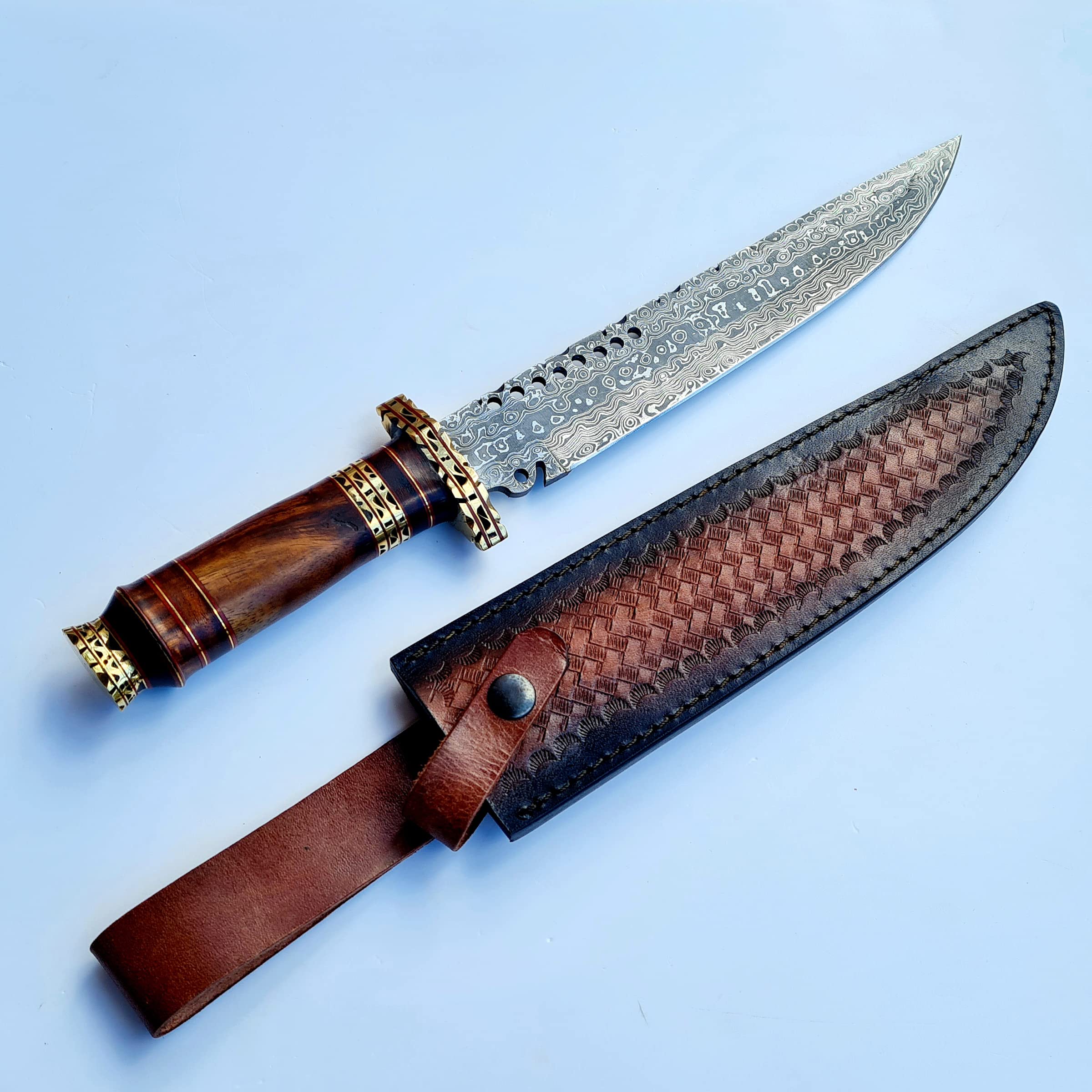 CRAFTOMATIK Hunting Knife Elite | Damascus Steel Walnut Wood and Brass Bowie DHK91, brown, 40 cm