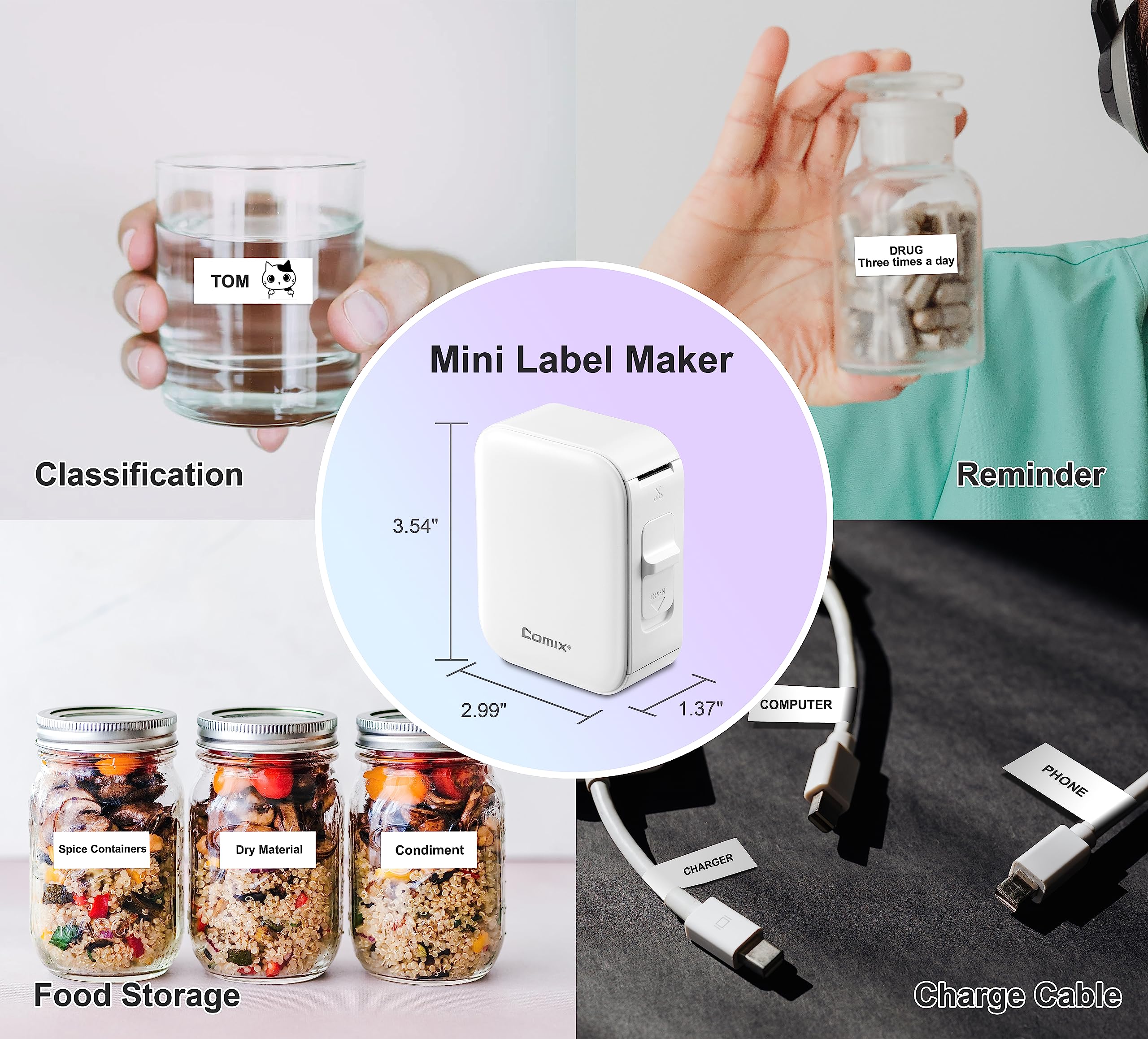 Comix Label Maker Machine with Tape, Portable Bluetooth Label Printer, Small Thermal Sticker Printer with 0.51''x1.18'' Labels, Inkless Labeler for Home, Kitchen, School, Office Organization, White