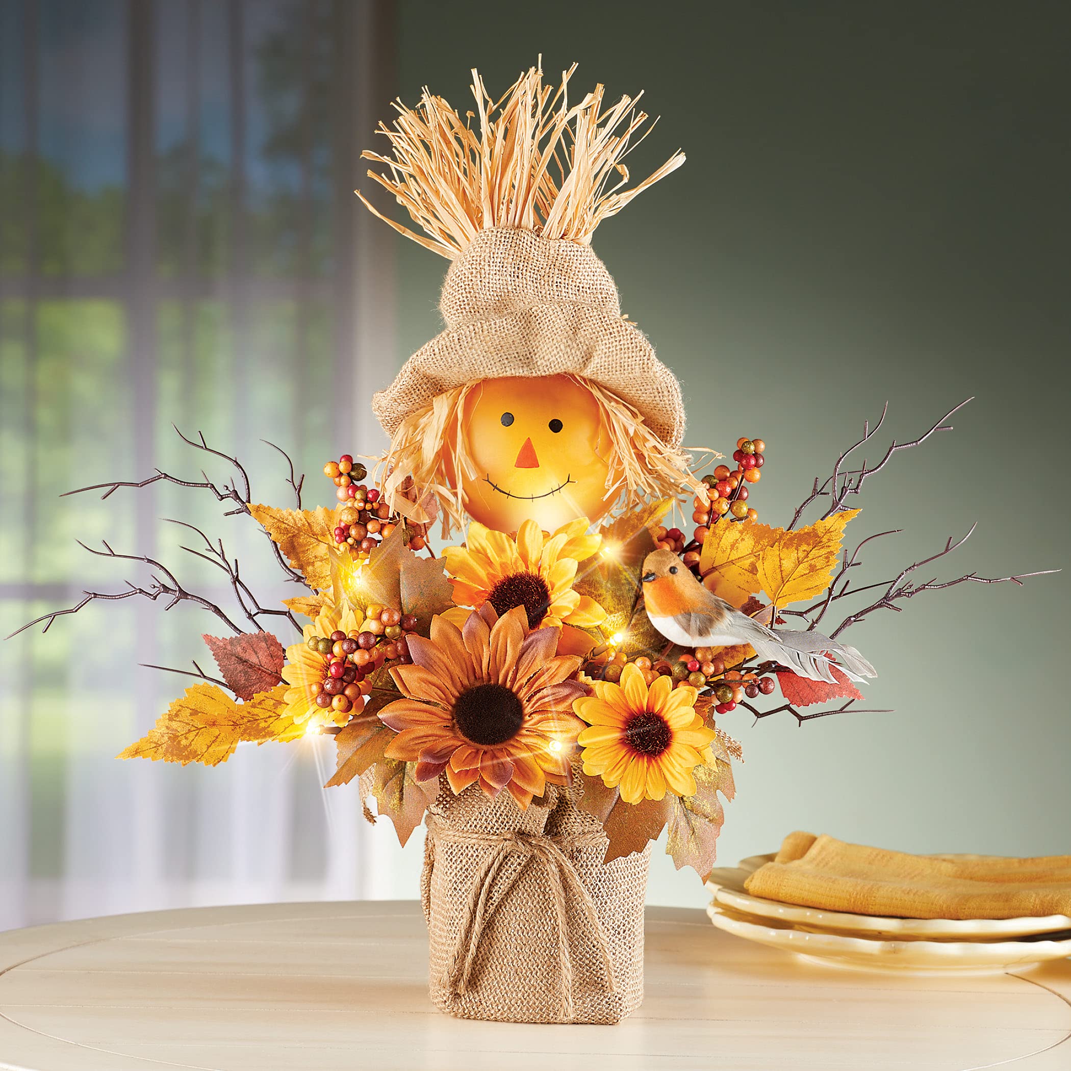 Collections Etc Cute Lighted LED Scarecrow and Sunflowers Harvest Centerpiece Arrangement - Perfect Thanksgiving Tabletop Decoration