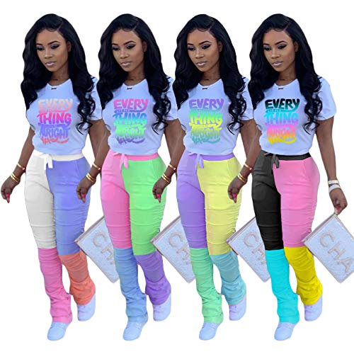 Casual 2 Piece Outfit Sets for Women Color Block Short Sleeve T-Shirts + Stacked Flare Pants Tracksuit Sweatsuit