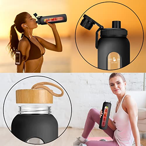 Sursip 32oz Glass Water Bottle with Time Marker and 2 Lids-Spout Lid/Bamboo Lid,Reusable motivational Glass Water Drinking Bottles with Silicone Sleeve/Ice Tray/Fruit box,Leak Proof BPA Free