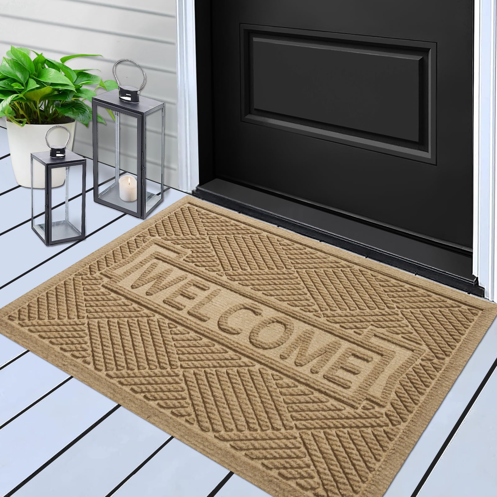 HIYARD Front Door Mat Indoor Outdoor Entrance, Absorbent Dirt Trapping Welcome Door Mat Indoor Outdoor, Non Slip Entry Mat, Fade Resistant, Low Profile Doormat for Entryway, 29×17, Beige