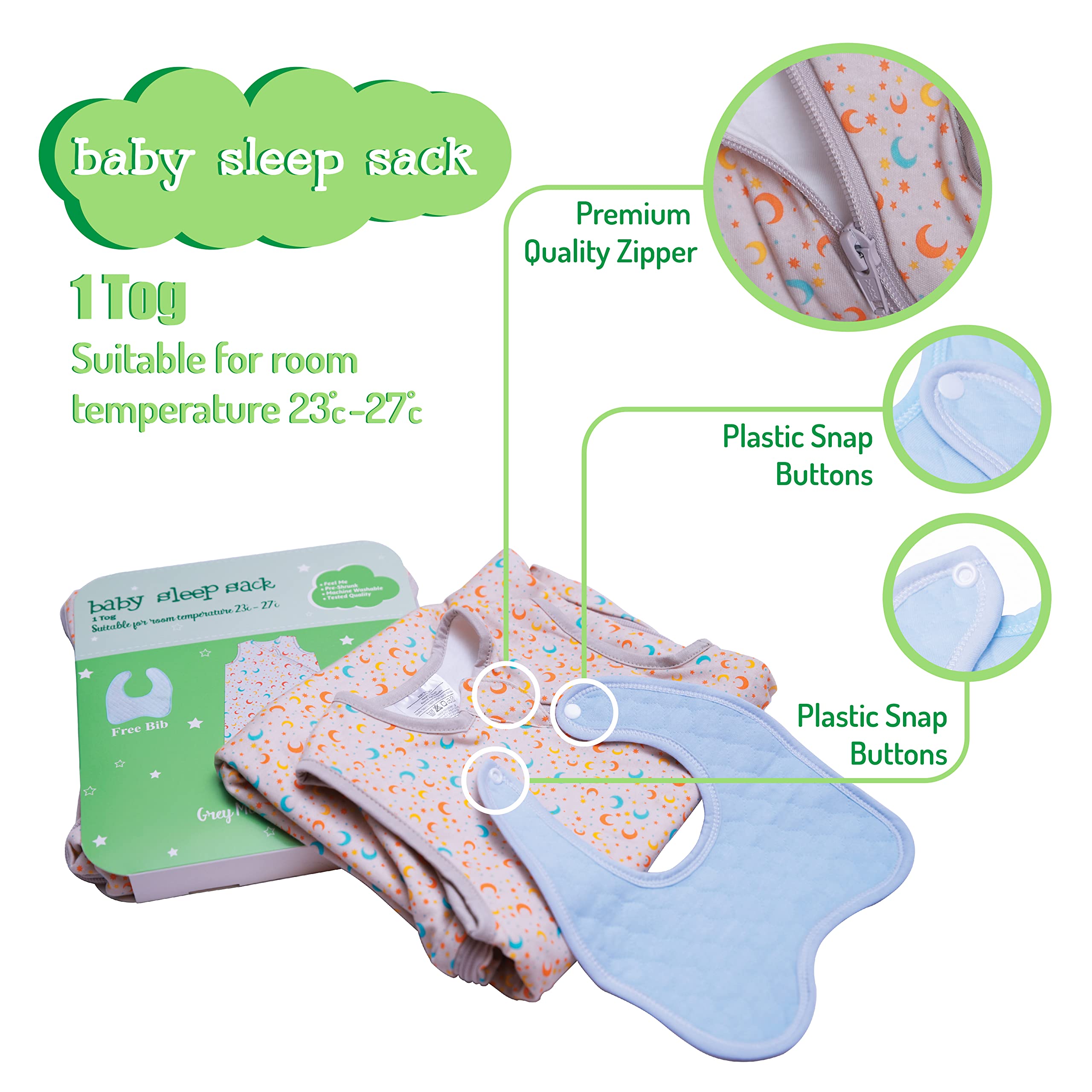 Premium Baby Sleep Sack with Baby BIB, 100% Cotton Toddler Sleeping Sack, Cute and Comfortable Baby Swaddle Sack has Adjustable Length for Infants and Toddlers (Grey, 6-15 Months)