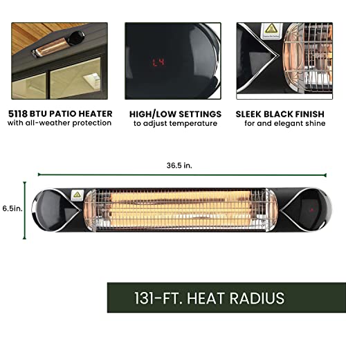 Hanover 35.4'' Wide Electric Infrared Carbon Heat Lamp with Mounting Bracket and Remote Control, Powerful Heating for Outdoor Areas up to 131 Sq. Ft., Ideal for Porch, Garage, Workshop, Black