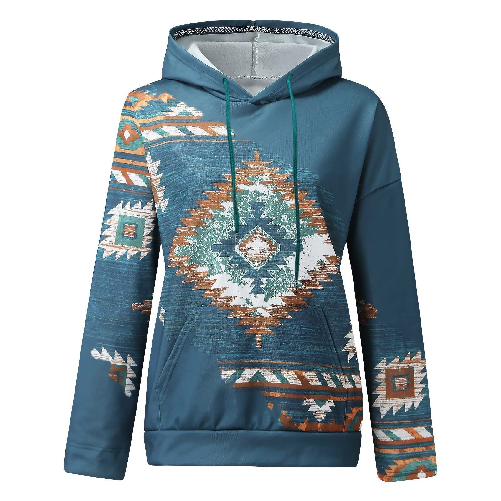 fartey Aztec Hoodie for Women Western Ethnic Style Printed Casual Drawstring Sweatshirts Geometric Loose Fit Pullover Tops, 02 Blue, XX-Large